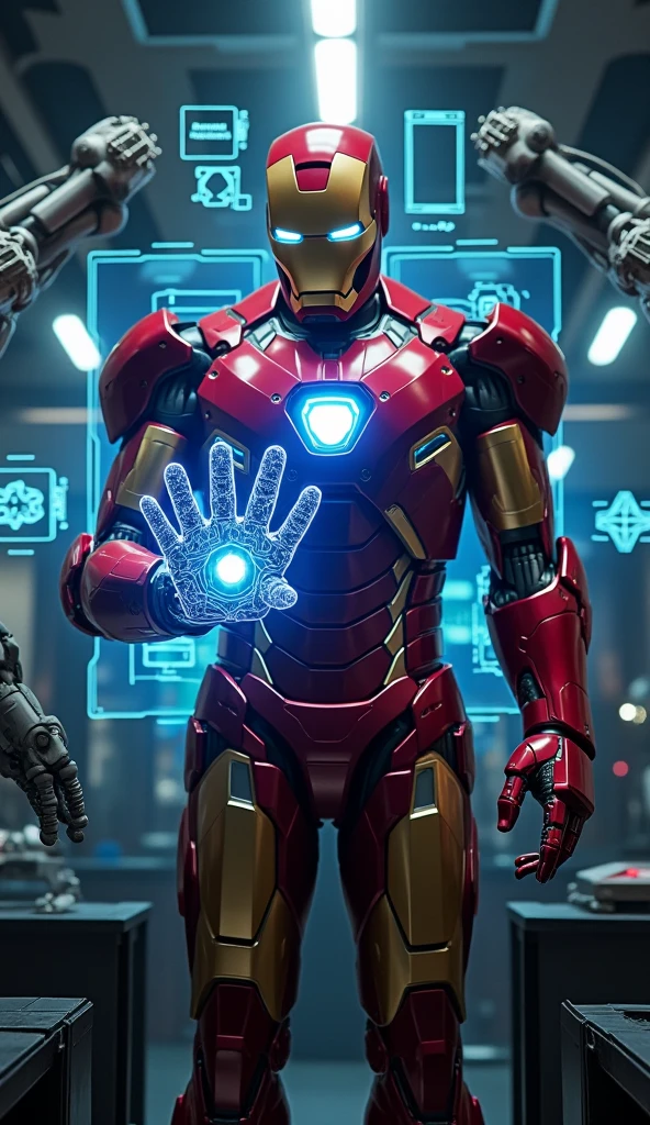 POV, Iron Man’s high-tech lab, standing in front of the Mark 85 suit ...