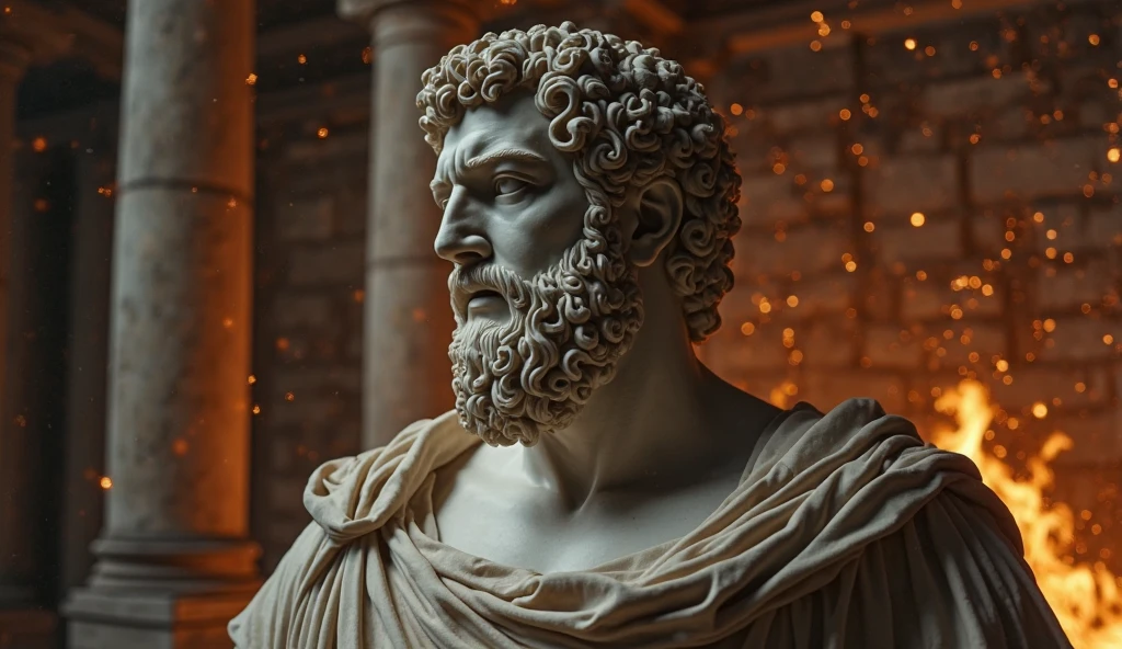 A dramatic and cinematic close-up of an ancient Roman marble statue of ...