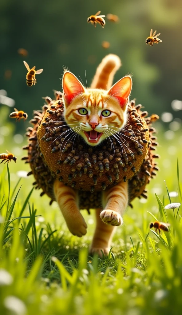 A yellow cat is running frantically through a lush green field - SeaArt AI