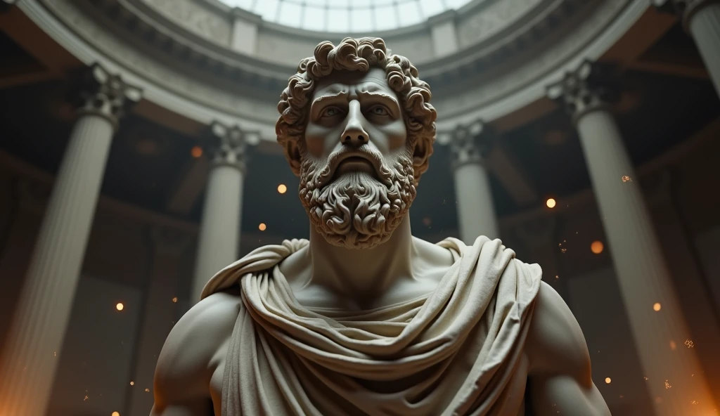 "A highly detailed and dramatic close-up of an ancient Roman marble ...