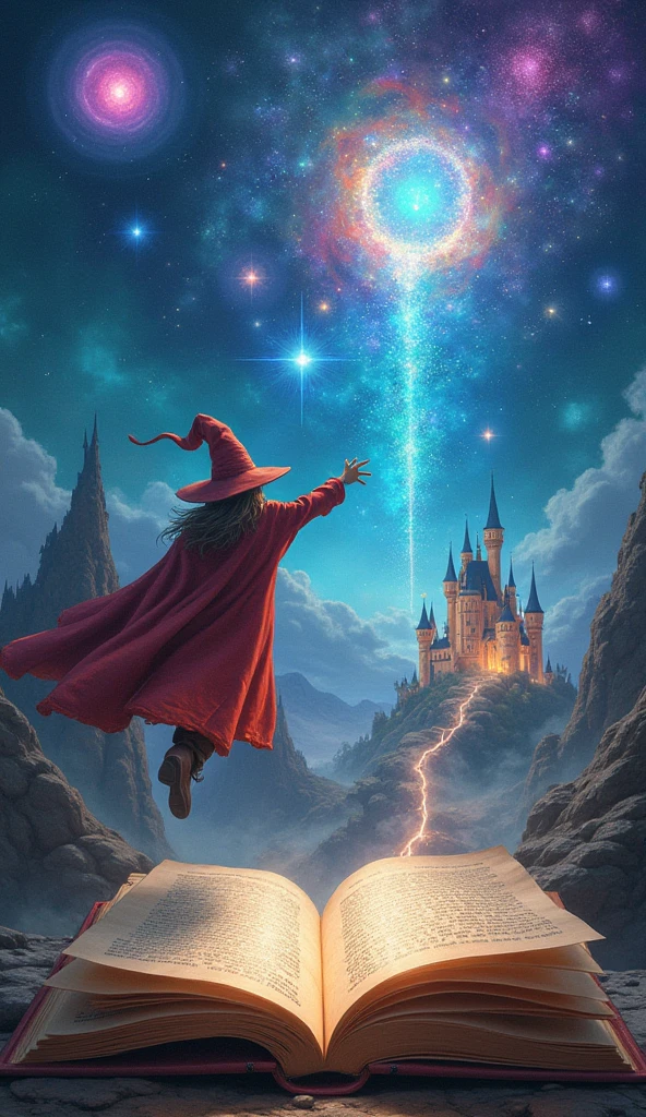 "A wizard flying towards a colorful castle, A cosmic setting with a ...