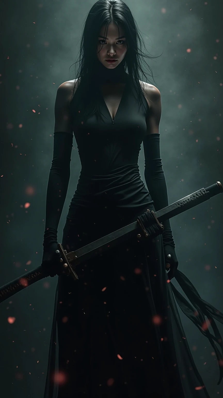 Picture a Chinese woman who looks like a ninja, shrouded in shadows and ...