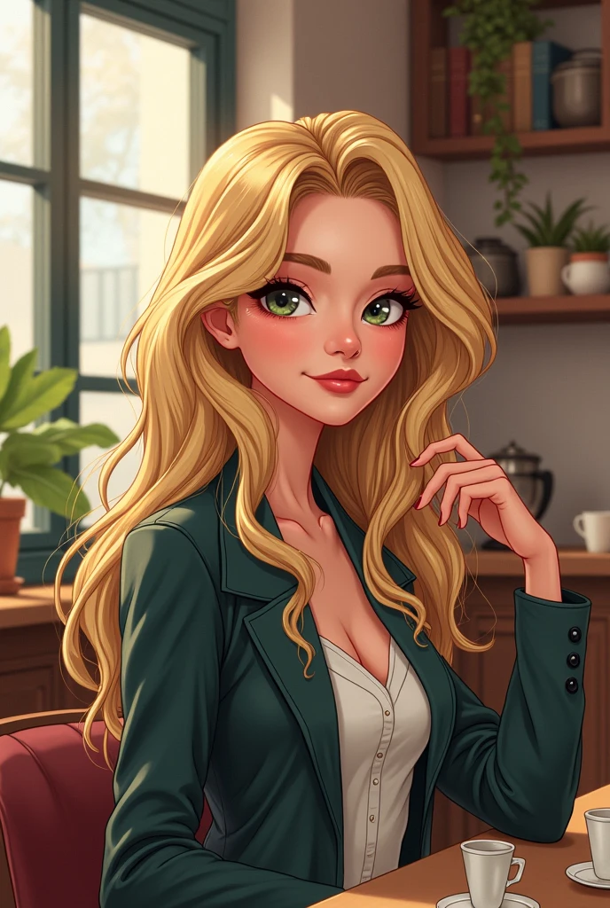 Gwen Stacy de costas, full body, drawn style, The setting is a coffee ...