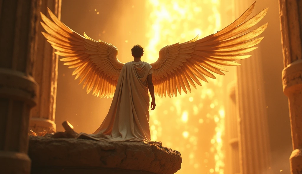 Lucifer stands with his wings spread on a high heavenly balcony - SeaArt AI