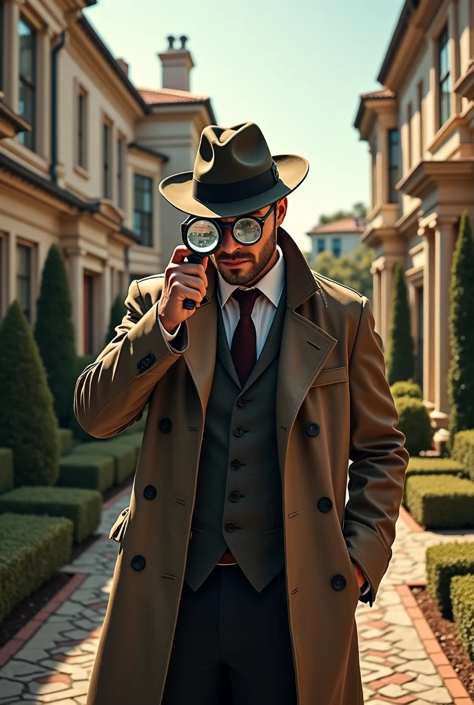 A man dressed as a detective in a luxurious neighborhood with huge ...