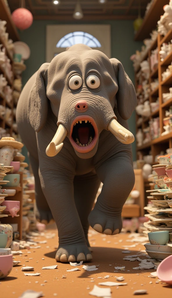 "3D animation style Pixar. A colossal, yet endearingly clumsy elephant ...