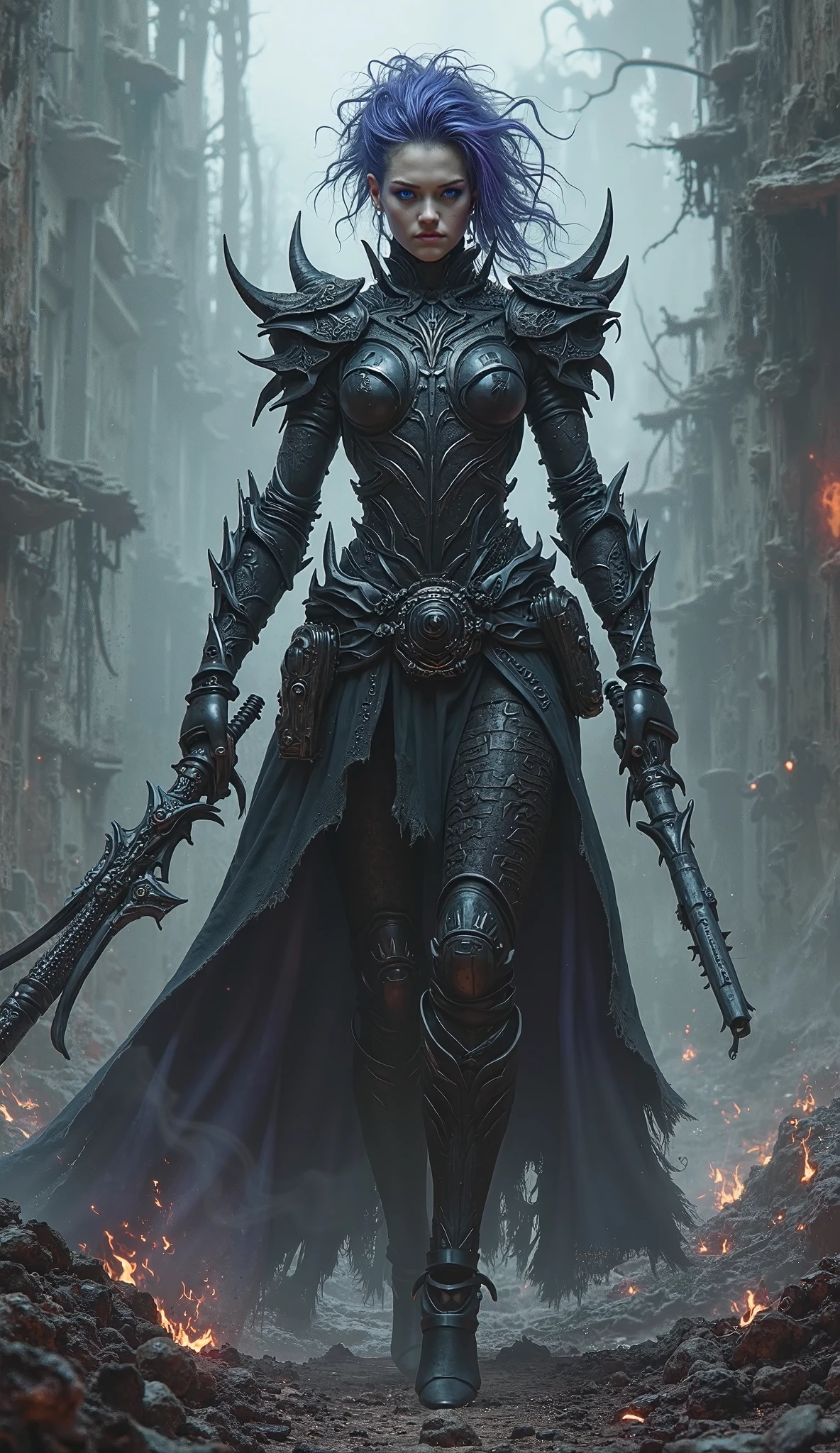 A woman in a black outfit holding two swords in a dark forest - SeaArt AI