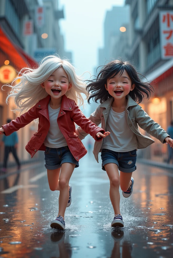 2 girls on a street while it’s raining running and laughing thr first ...