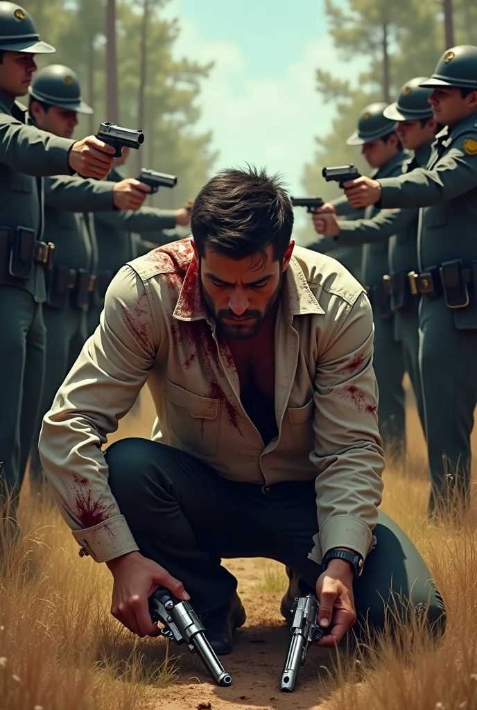 A digital illustration of a wounded man, with torn and bloodied clothes ...