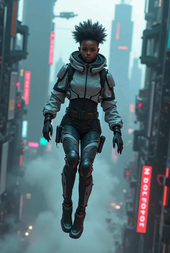 A picture of a Black person aged 19 in cyberpunk style falling from the ...