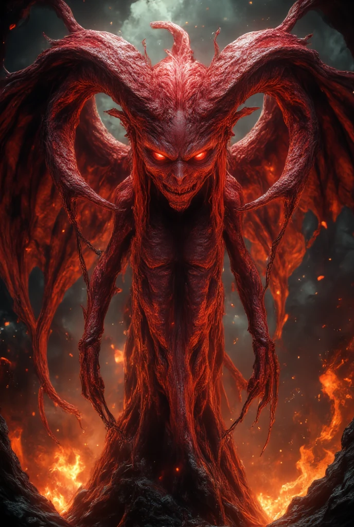 A seductive standing devil woman, long flowing red hair, dark crimson ...