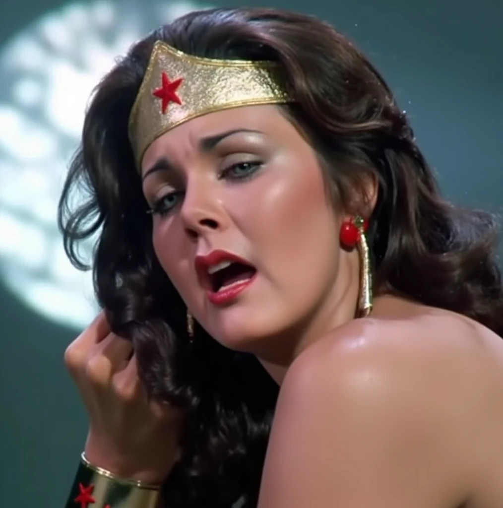 Lynda Carter as Wonder Woman, face expression is terror, closed eyes ...