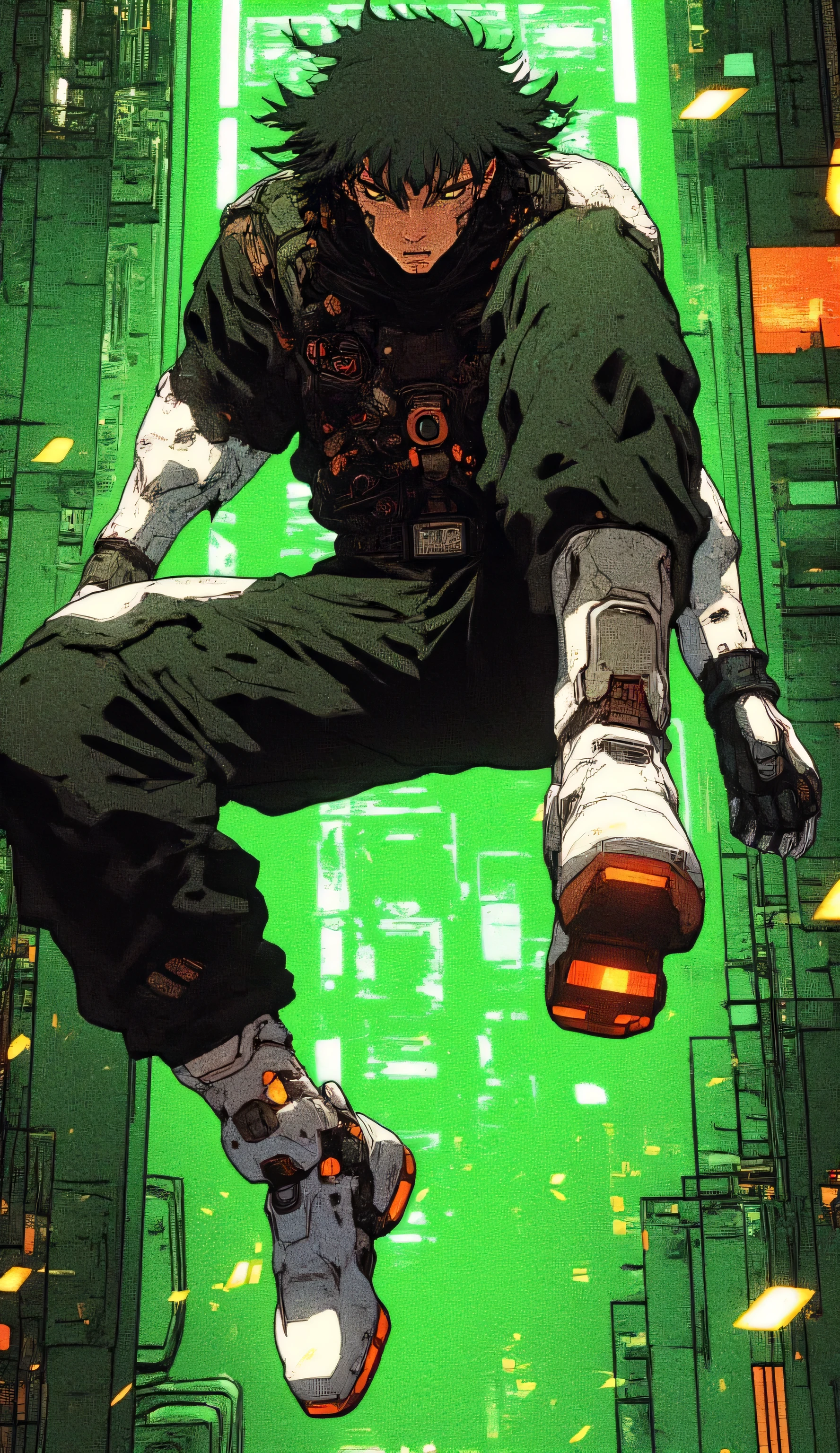 A close up of a person jumping in the air with a green background ...