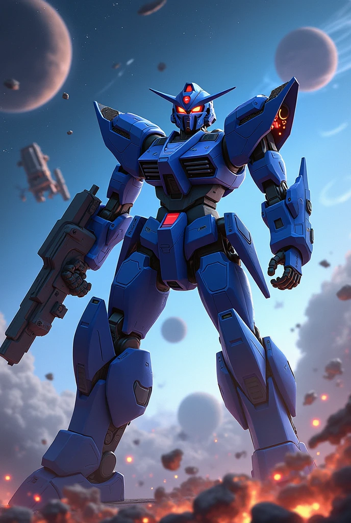 Anime style. Mech with blue design. An accompany mechanical pod floats ...