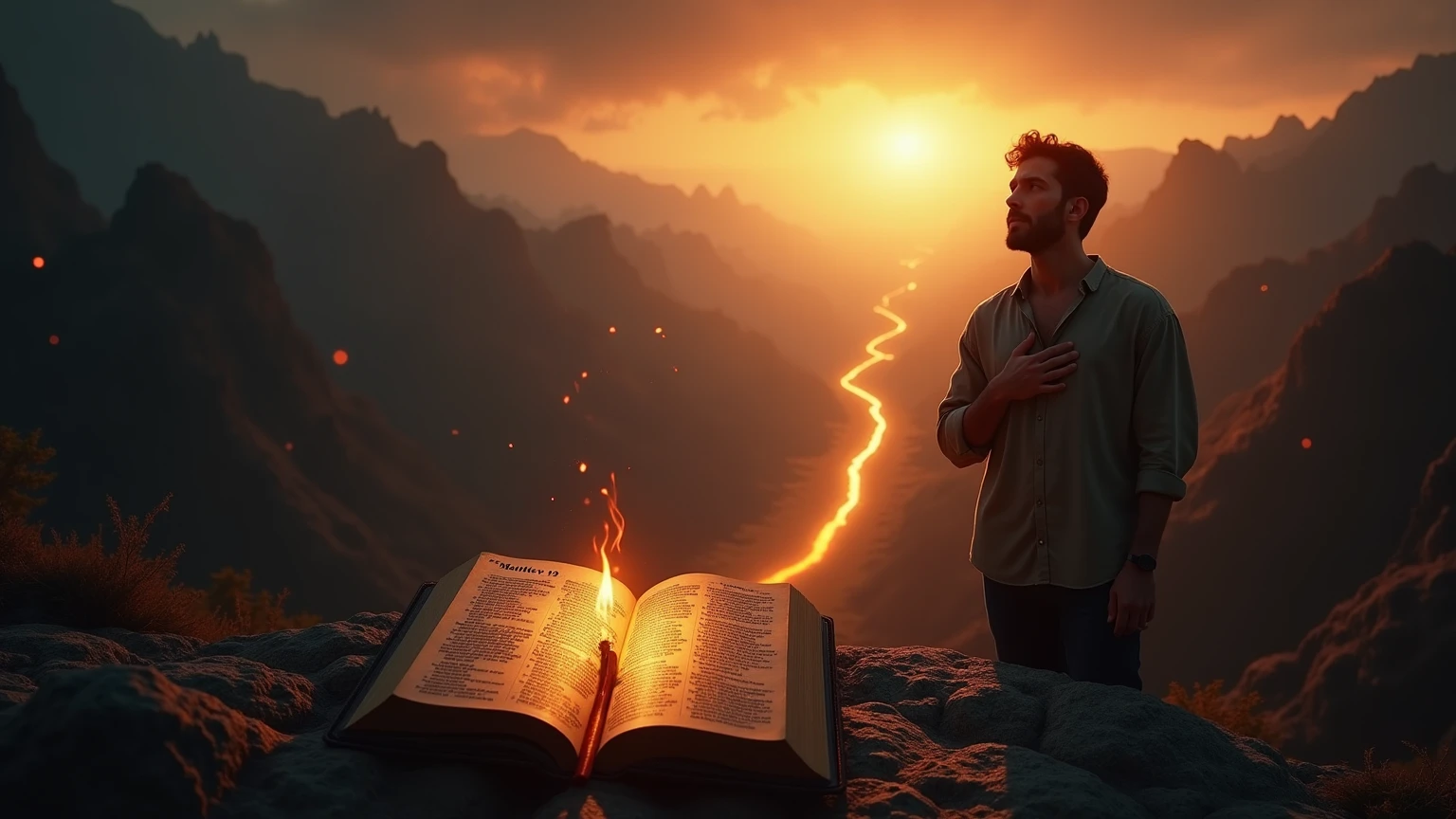 Hyper-realistic spiritual scene showing a man standing on the edge of ...