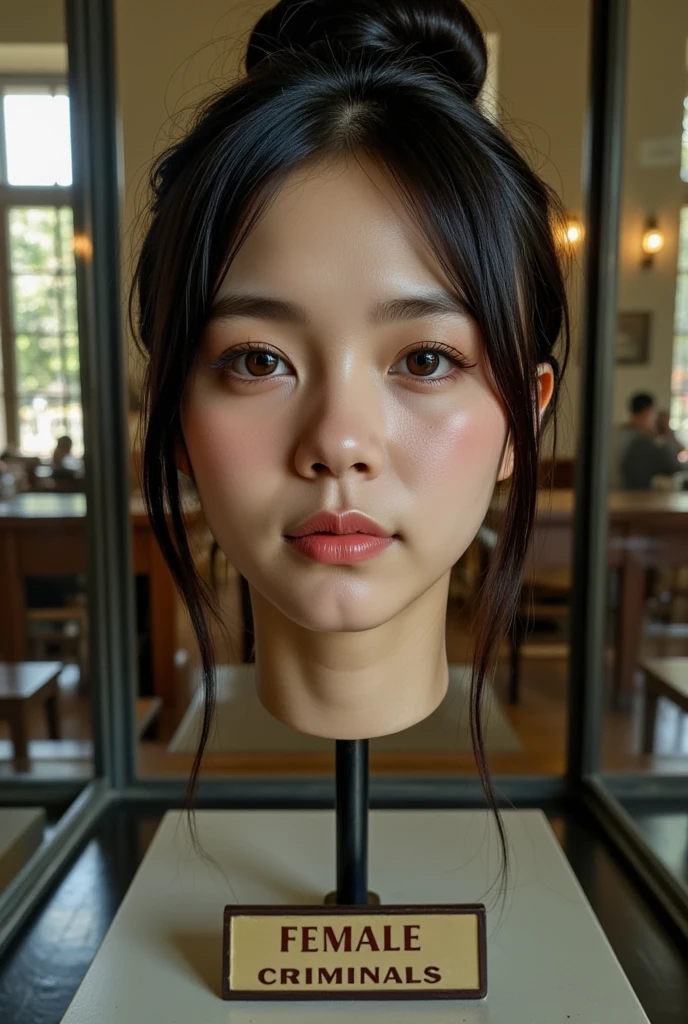 The head of a beautiful Indonesian woman without a neck shows a little ...