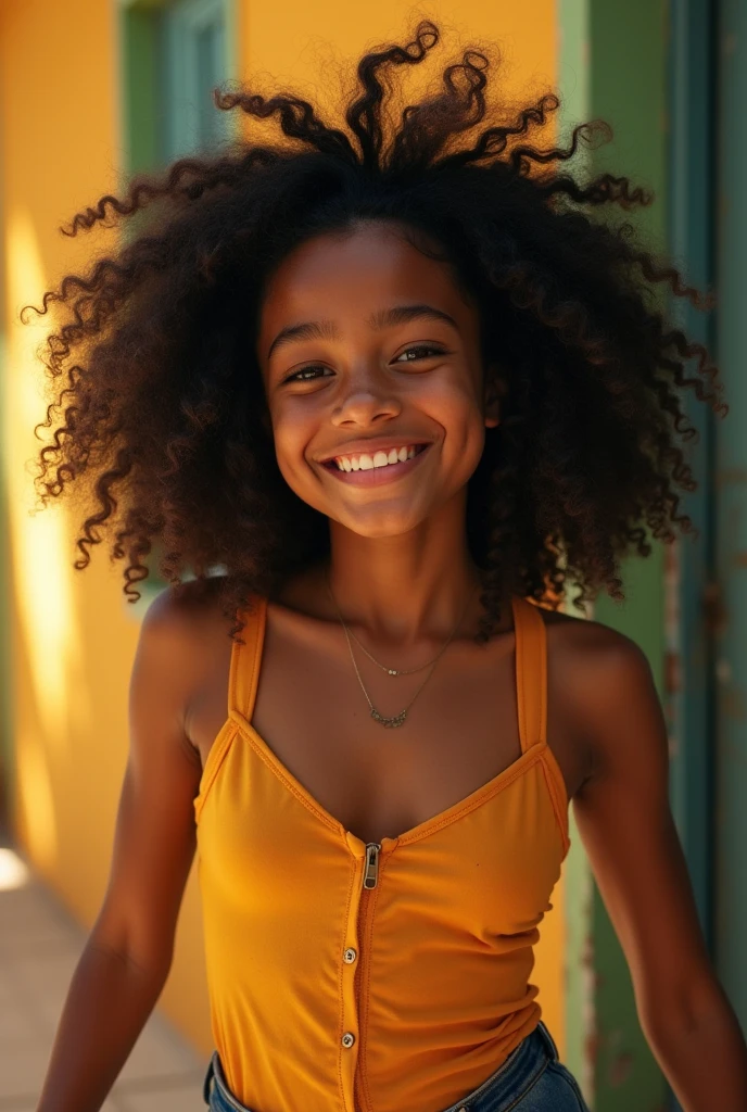 girl, pele preta, curly hair black power, contagious smile - SeaArt AI