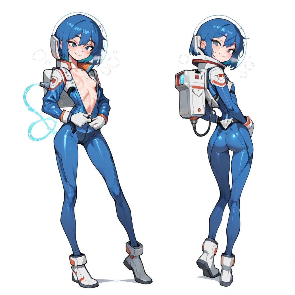 Space adventurer girl, sexy, space adventurer, unzipping her tight blue ...