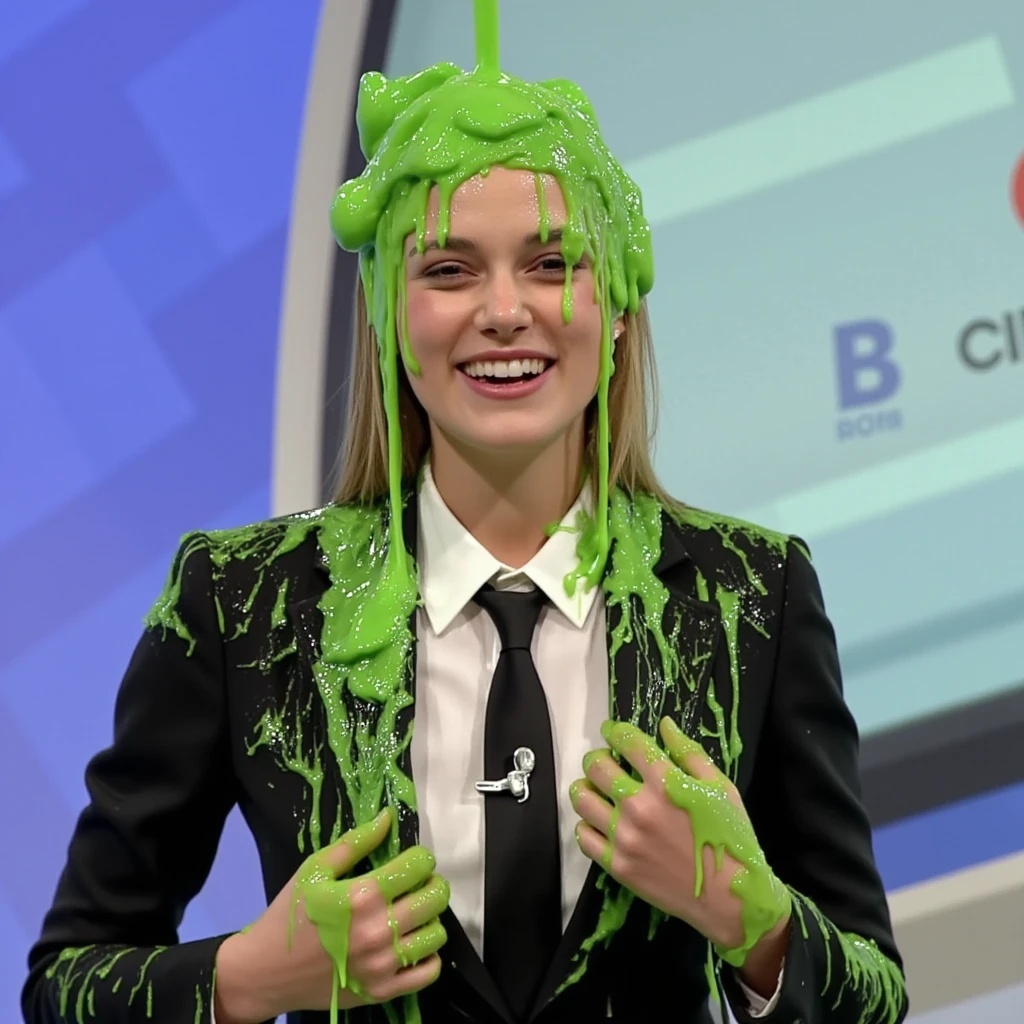 A photo from a 2020s comedy sci-fi movie of Keira knightly as a custard ...