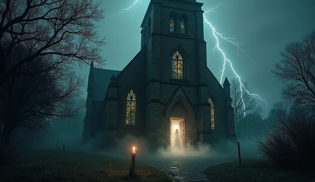 "A dark, eerie church at night, surrounded by thick fog. The tall ...
