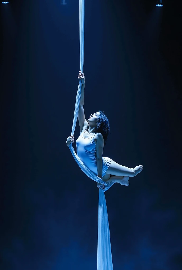 The image captures a performer gracefully executing an aerial silk pose - SeaArt AI