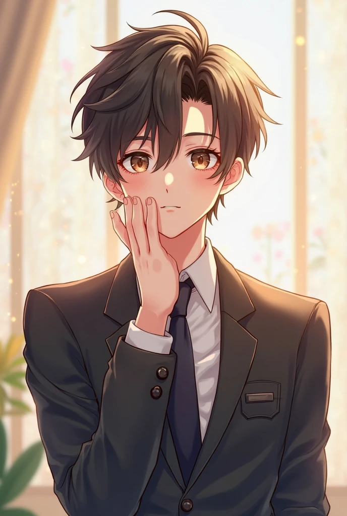 An anime boy in a suit making the gesture of playing a kiss. - SeaArt AI