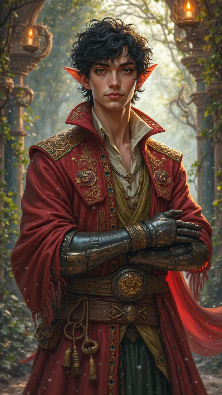 Half elf, male, short curly hair, black hair, bard outfit, fantasy ...