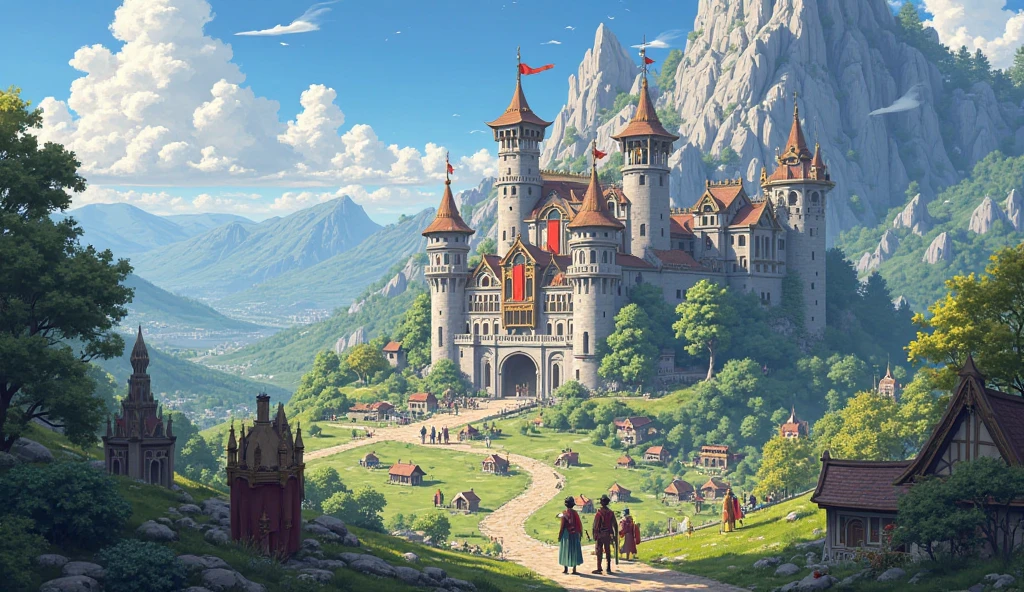 a beautiful kingdom with a castle, villagers, guards and a plateau ...