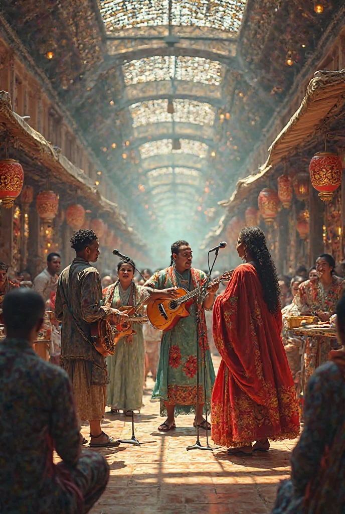 Singers and musicians inside a covered market - SeaArt AI