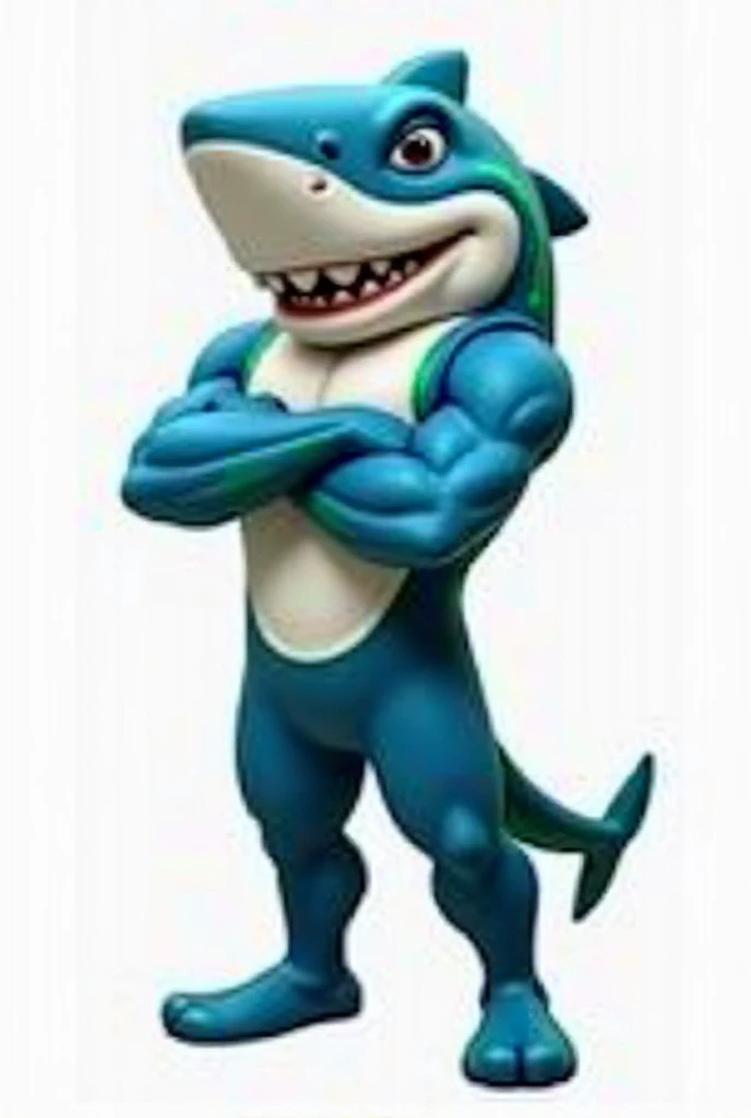 A mascot shark standing confidently with arms crossed, wearing a blue ...