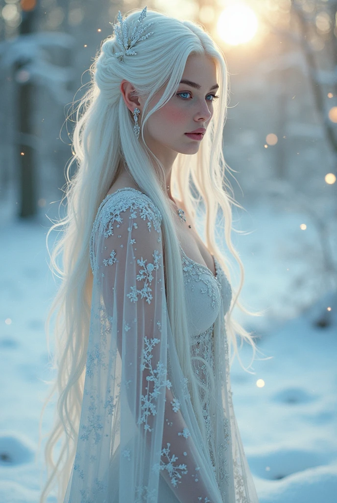 Generate realistic image of a light elf ,woman with ice-colored eyes ...