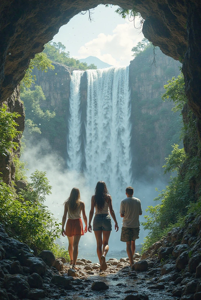A group of three people leaving an underground cave of a waterfall ...