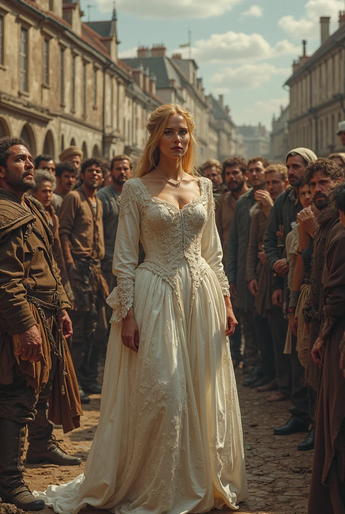 Create an execution scene of a blonde woman wearing white royal clothes ...