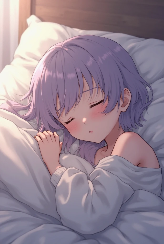 Anime girl sleeping in bed, with short light-purple hair, wearing a off ...