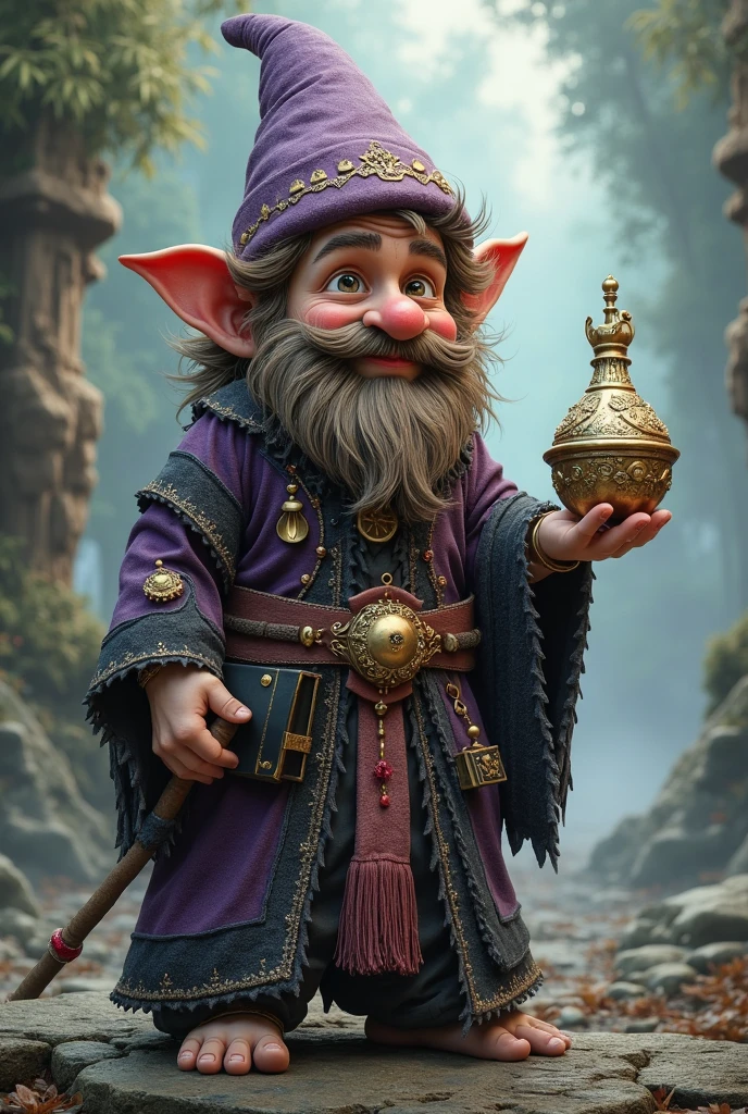 A rock gnome male with brown and curly hair holding a tibetan bell and ...