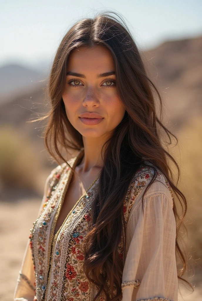 A beautiful Jordanian woman, long dark brown hair, light honey - SeaArt AI