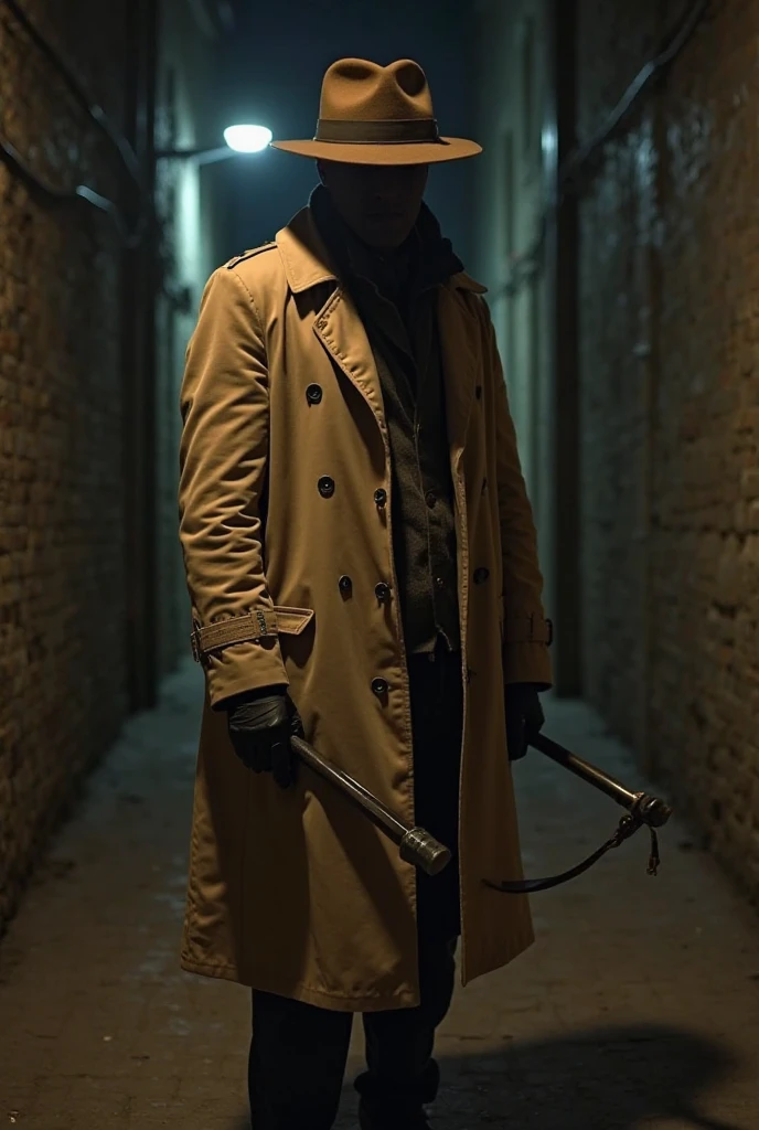 Make an art of a man in an alley, standing, in front of the camera ...