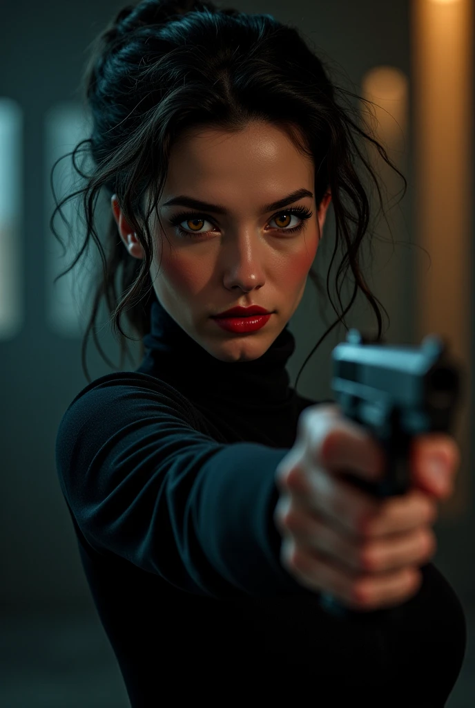 Woman with gun smiling - SeaArt AI