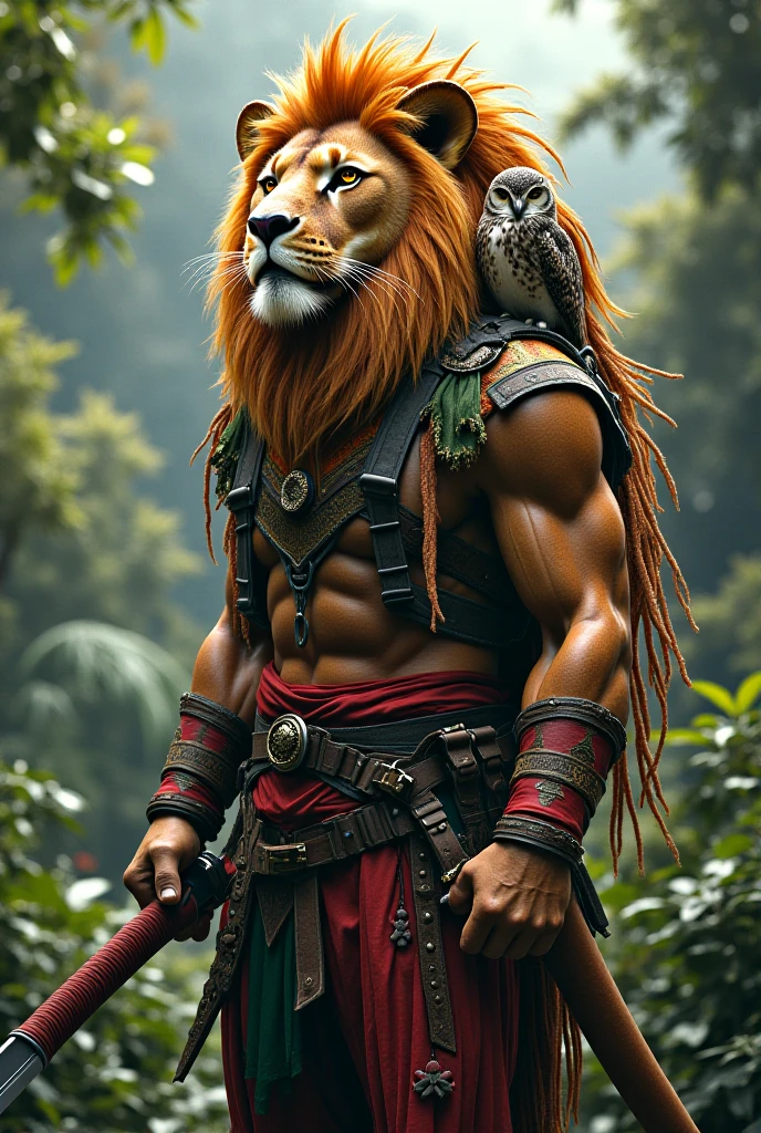 Rasta lion with a katana and an owl on his shoulder - SeaArt AI