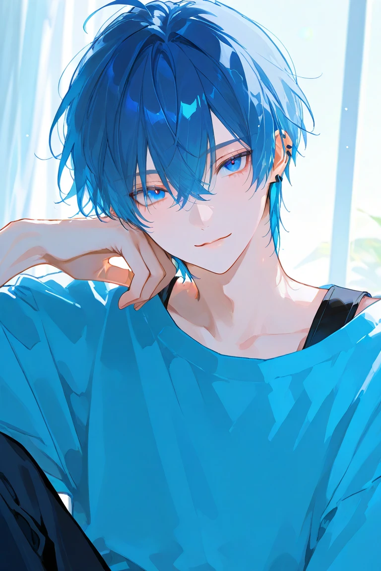 Boy,A beautiful boy with cool blue hair, refreshing - SeaArt AI