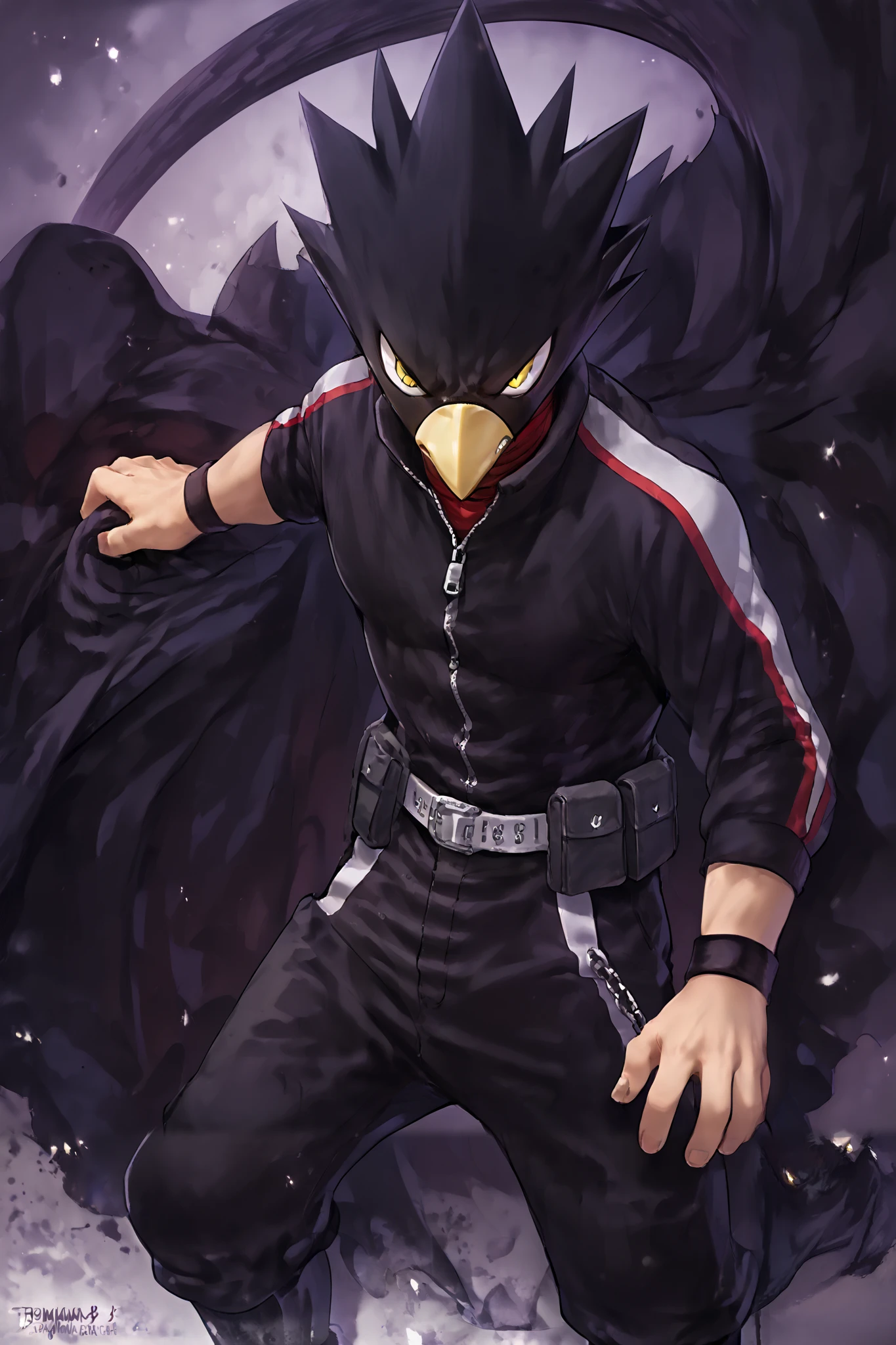 Anime character with black wings and a red and white shirt - SeaArt AI