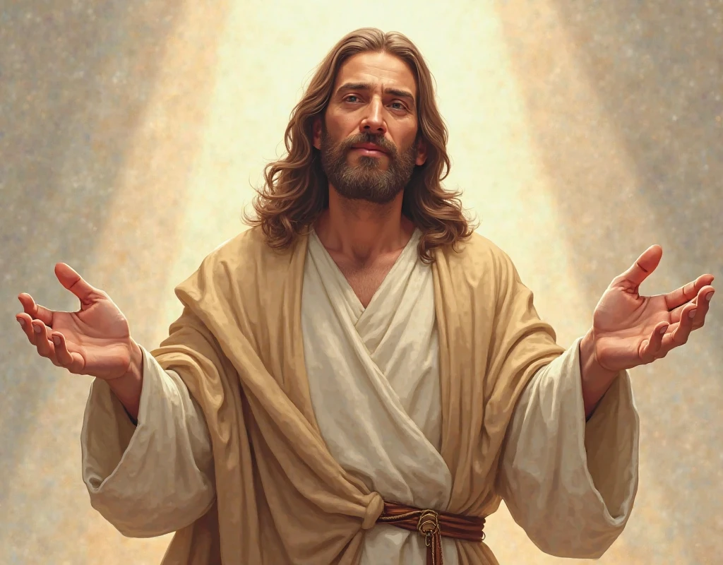 Jesus opening his arms forward and smiling hyper realistic illustration ...