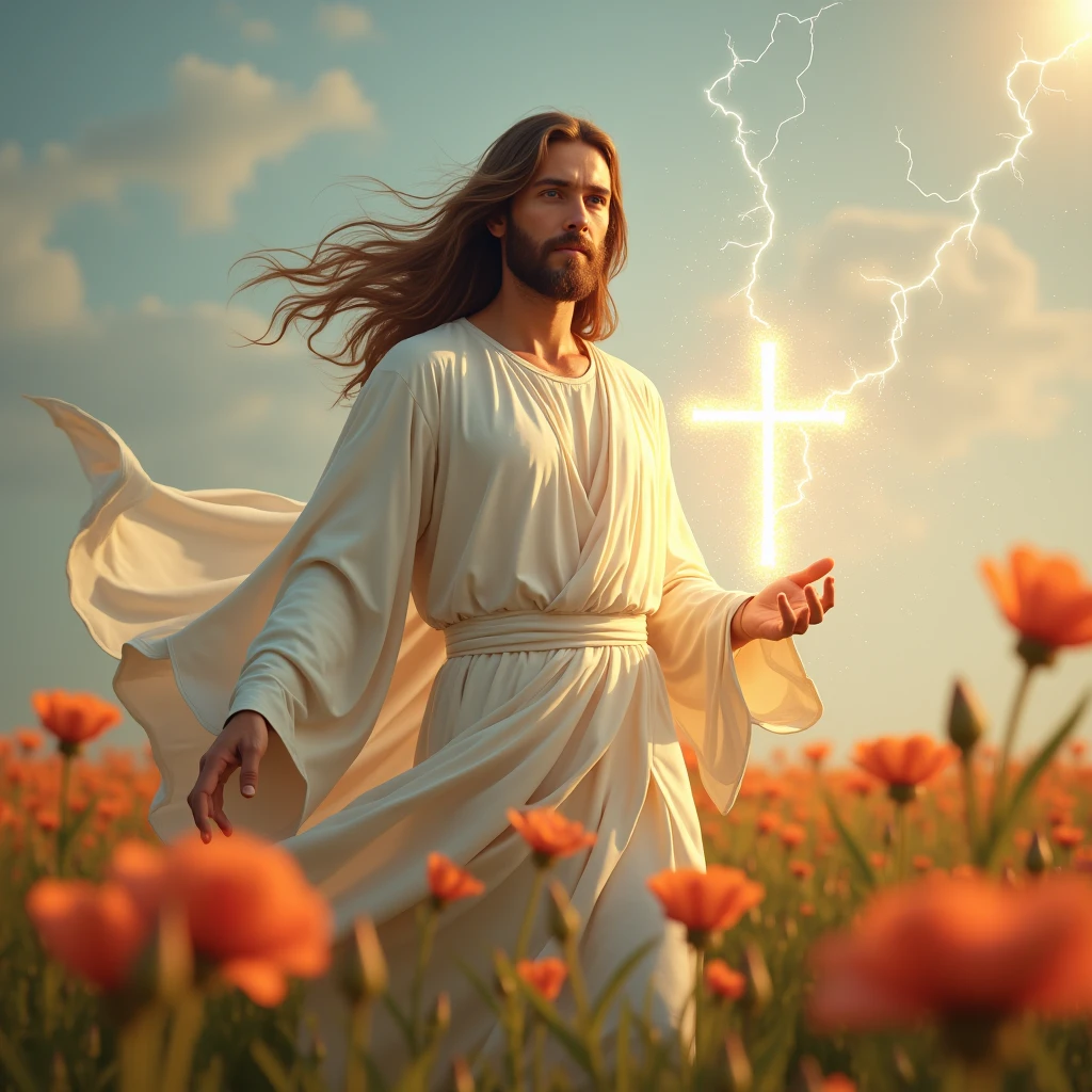 Jesus Christ beautiful face, long brown hair in the wind, white tunic ...