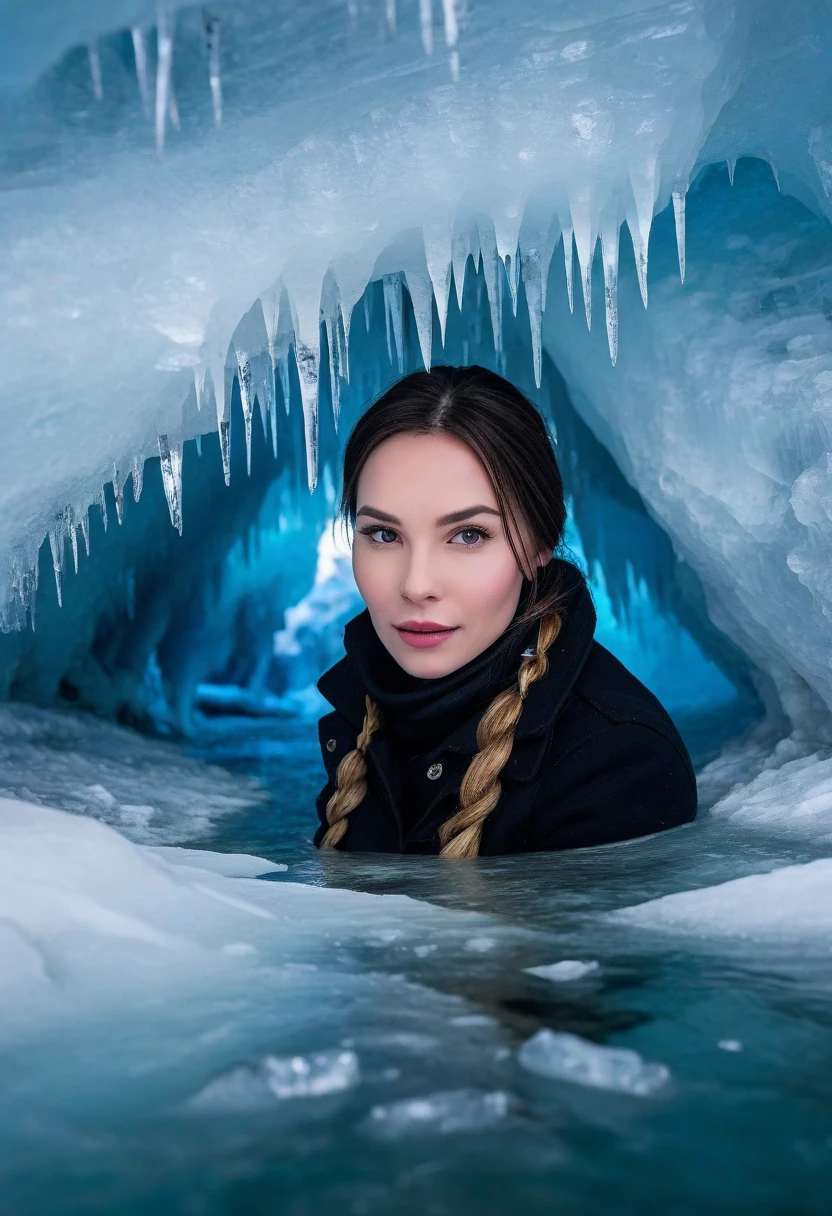 There is a large ice cave with a hole in it, made of ice, frozen and ...