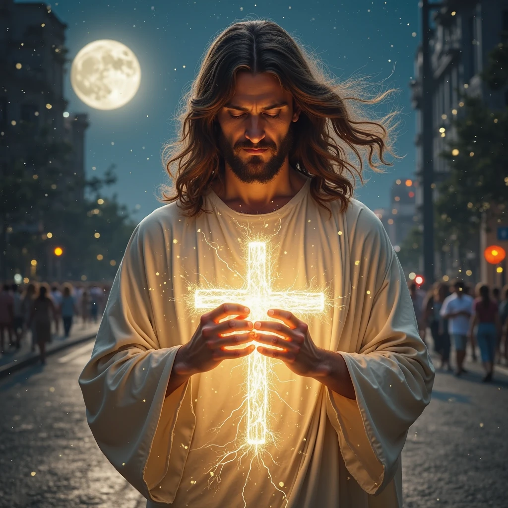 Jesus Christ beautiful face, long brown hair in the wind, white tunic ...