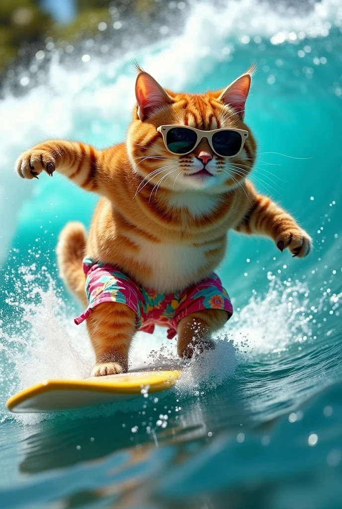 Generate an image of a surfer cat a wave, The cat wears Hawaiian shorts ...
