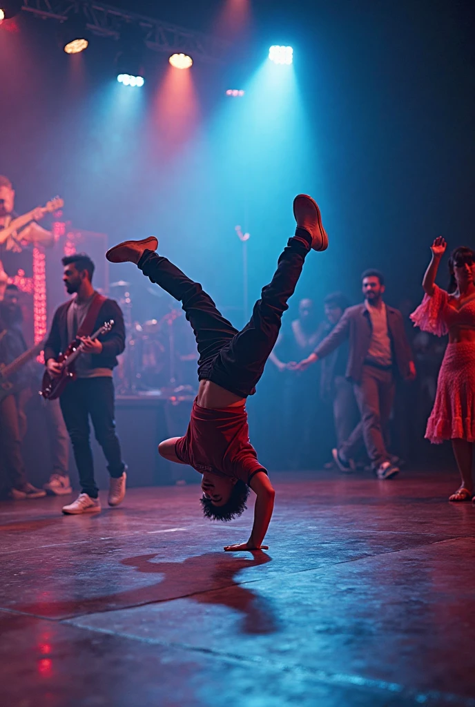 Boy dancing break dance or hip hop street dance doing a handstand in ...