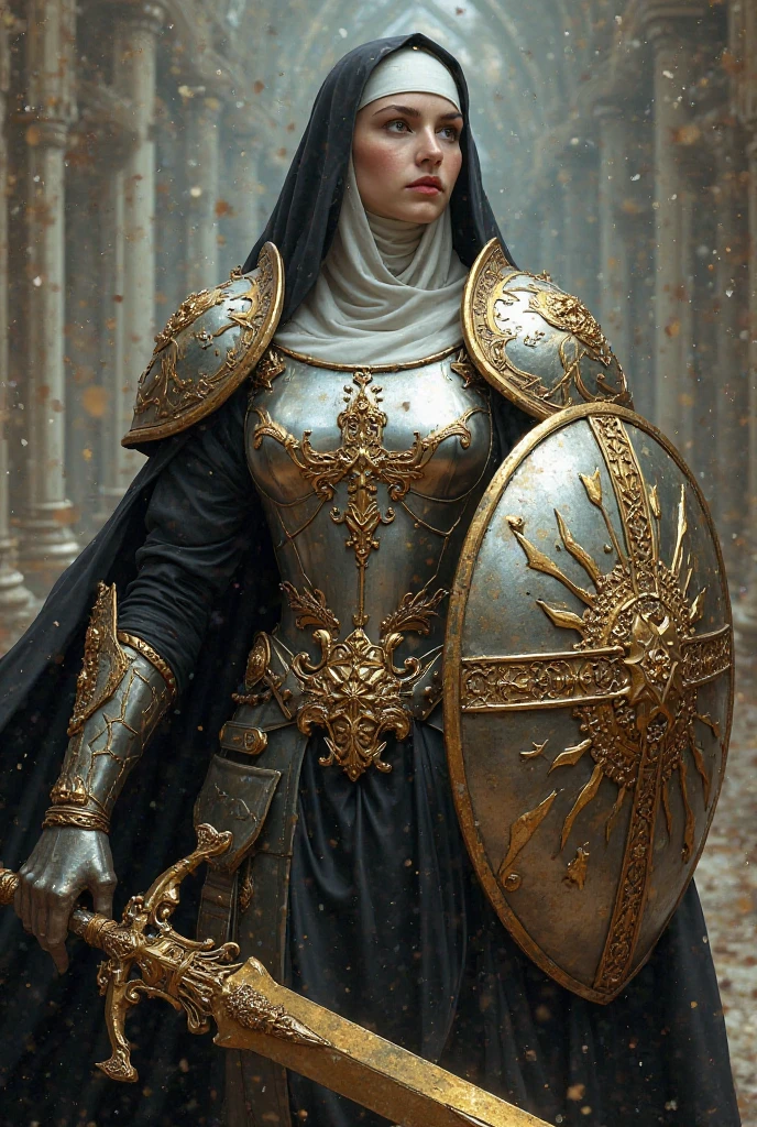 Dark fantasy, Ultra realistic. A warrior nun with a large white veil ...