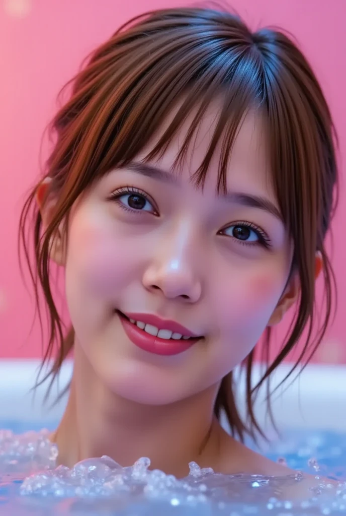 Night pool、Pink neon lighting、 medium saggy breasts、in the pool - SeaArt AI
