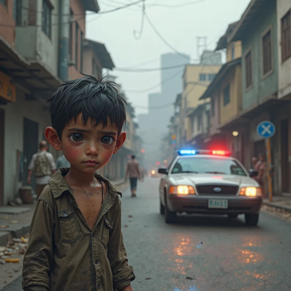 Poor boy walking around town, sweating. He sees a police patrol car on ...